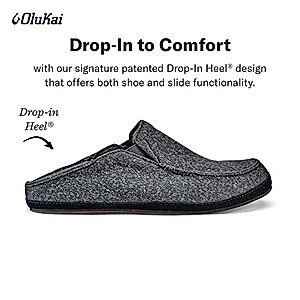 OLUKAI Moloa Hulu Men's Wool-Blend Slippers, Soft & Heathered Knit Slip On Shoes, Suede Leather Foxing, Drop-In Heel Design, Dk Shadow/Dk Shadow, 11