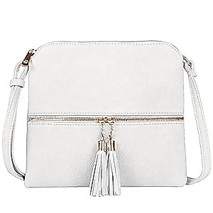 SG SUGU Lightweight Medium Crossbody Bag Shoulder Bag with Tassel and Zipper Pocket (White)