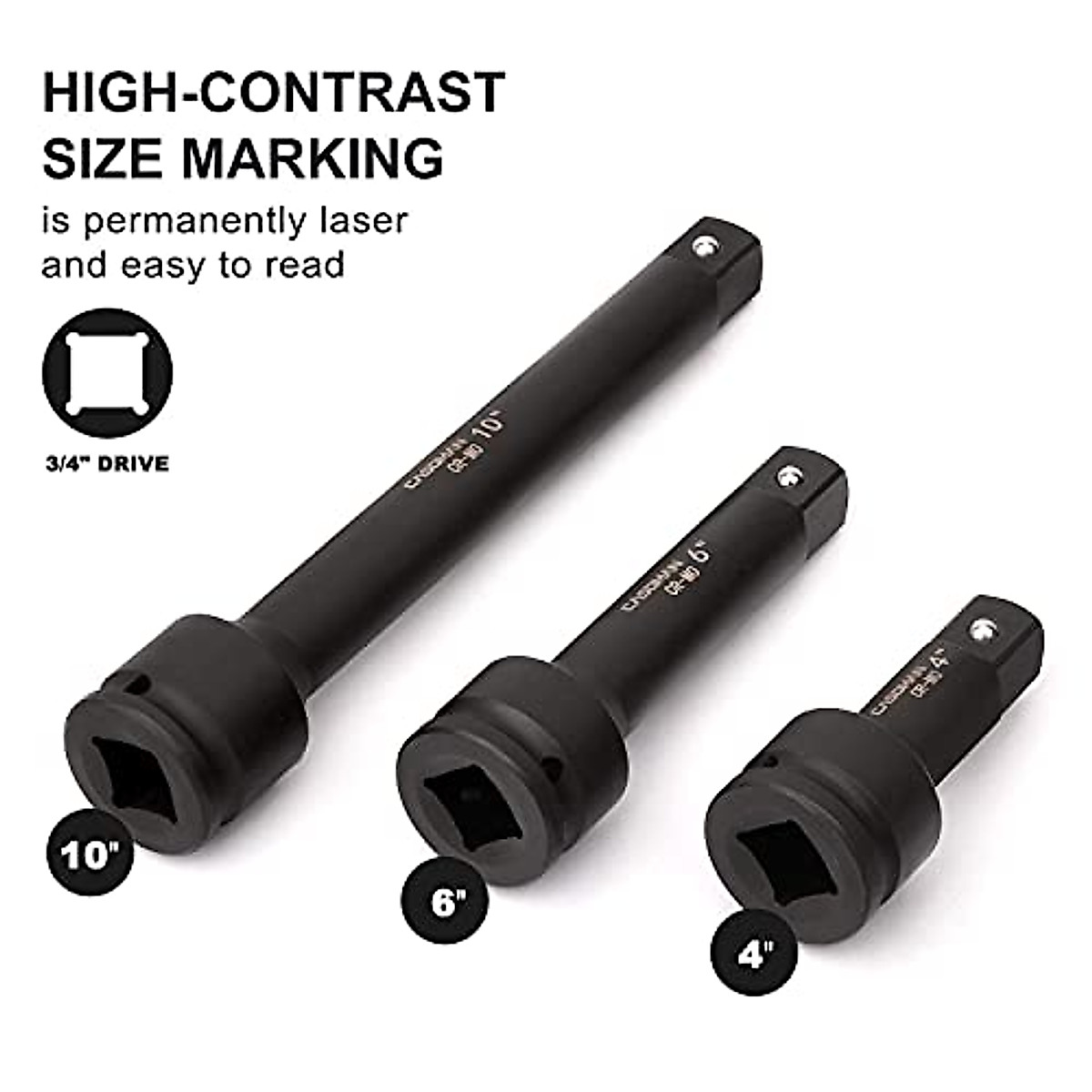 CASOMAN 3/4” Drive Impact Extension Bar, Cr-Mo Steel,3-Piece Set 4”, 6”, 10” ext. bar
