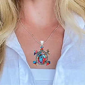 Turtle Spiny Turquoise Pendant Necklace 20" Sterling Silver 925 Genuine Gemstones (Rainbow Spiny)