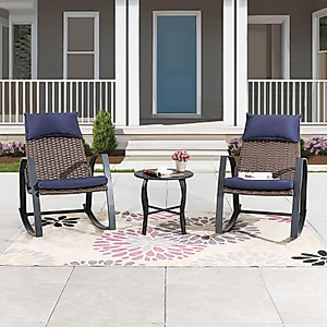 PatioFestival Patio Bistro Set 3 Pieces Outdoor Furniture Cushioned Rocking Chairs with Side Table Pillow All Weather Frame, Blue