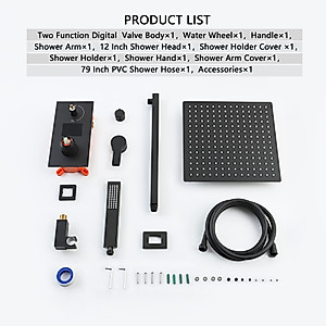 SKOWLL Rain Shower System Wall Mount 12 Inch Bathroom Overhead Shower Kit Digital Shower Fixtures Set with 2 Function LCD Display Valve, 7416W-MB Matte Black