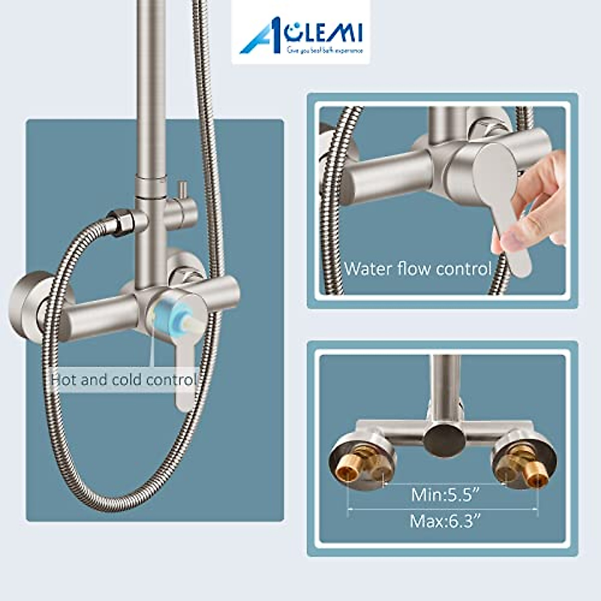 Aolemi Outdoor Shower Fixture SUS304 Shower Faucet Combo Set Stainless Steel 8 Rainfall Shower Head High Pressure Hand Spray Wall Mount 2 Dual Function Brush Nickel Single Handle