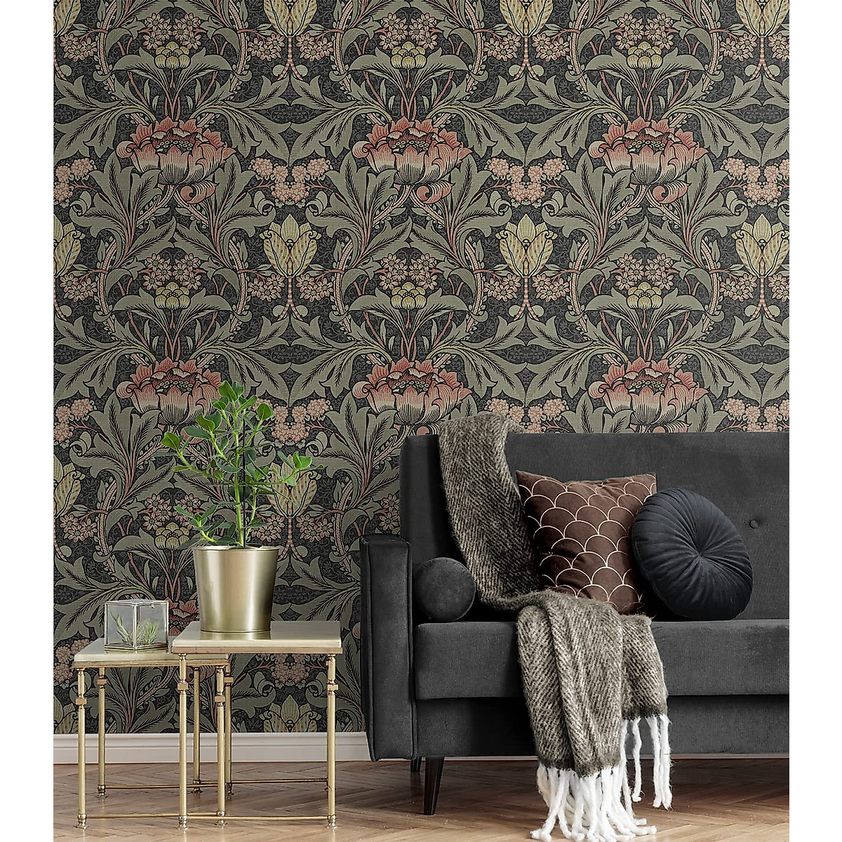 NextWall Acanthus Floral Peel and Stick Wallpaper (Charcoal & Rosewood)