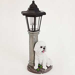 Bits and Pieces-Solar Bichon Lantern-Solar Powered Garden Lantern - Resin Dog Sculpture with LED Light