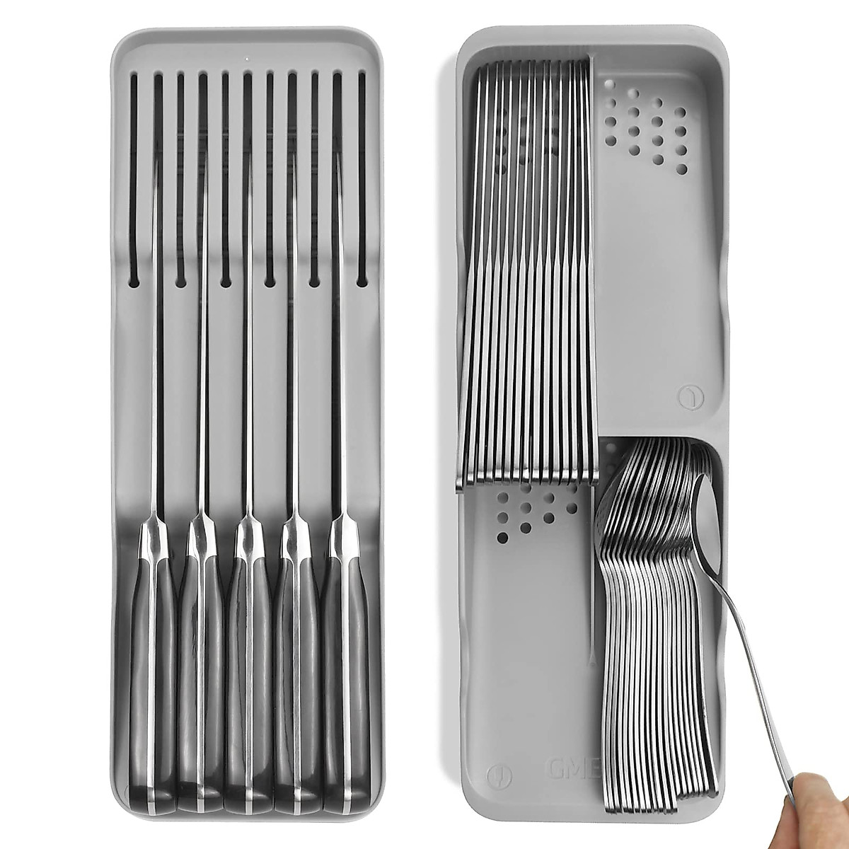 Kitchen Drawer Silverware Organizer, Utensil Holder/Cutlery Tray and Knive Block for Cutlery Flatware Spoon Knive Fork, Classic Small Partition Storage (Gray)