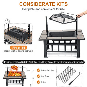 SINGLYFIRE 37 Inch Fire Pit Table with Grill for Outside Large Square Wood Burning firepit Heavy Duty Steel Bonfire Pit Cooking with Spark Screen Log Grate Poker for Backyard Garden Camping