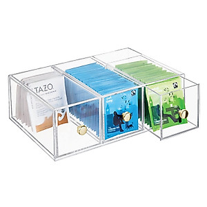 mDesign Plastic Kitchen Pantry Stackable Storage Organizer Container Station with 3 Drawers for Cabinet, Countertop, Holds Coffee, Tea, Sugar Packets, Creamers, Drink Pods, Packets - Clear/Soft Brass