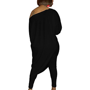 GLIENST Two Piece Outfit for Women Gradient Irregular Off Shoulder Long Shirts Skinny Pant Solid Causal Lounge Sets Black S