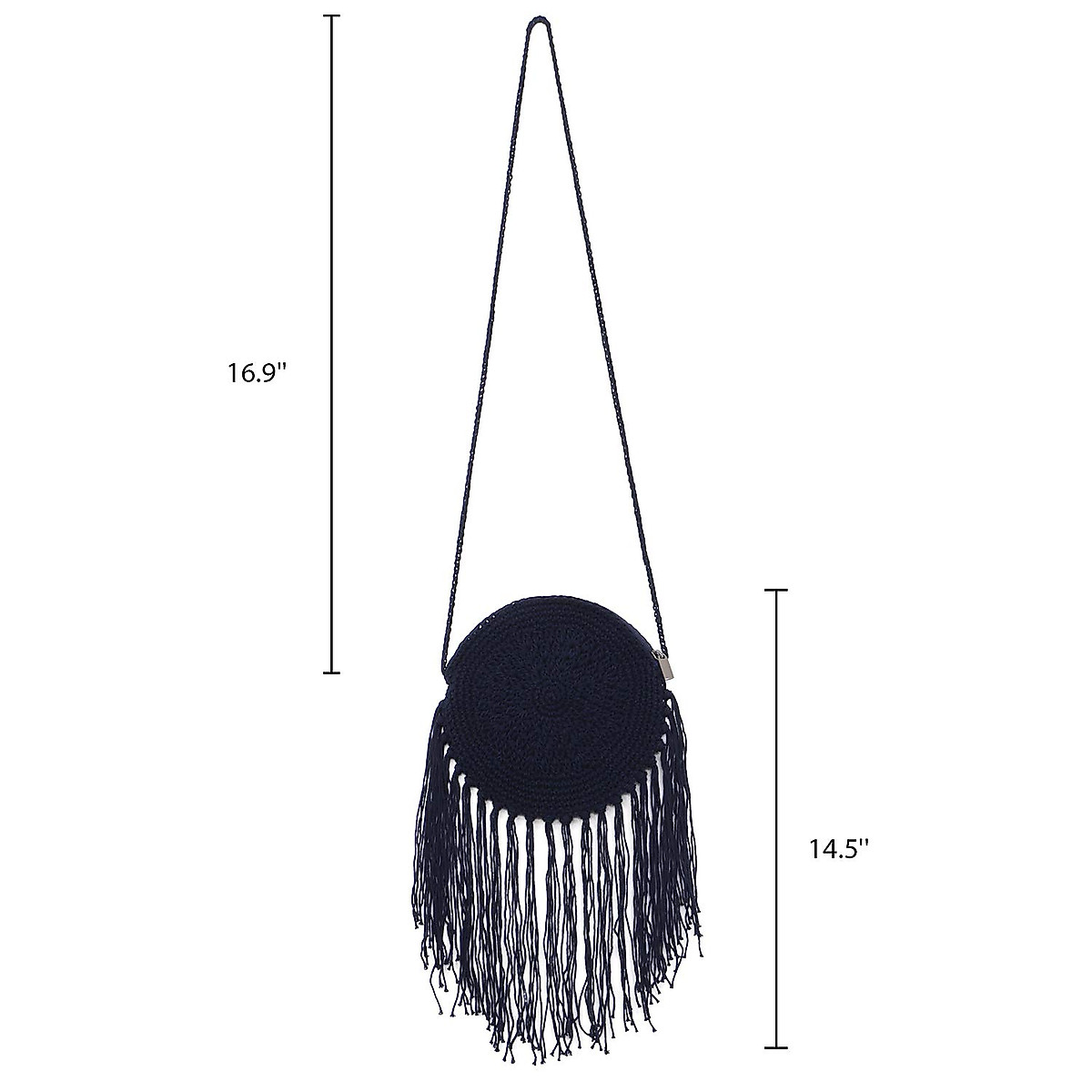 QTKJ Boho Long Cotton Tassels Crochet Flower Mini Crossbody Bag Handwoven Summer Beach Round Shoulder Bag with Zipper (Navy Blue)