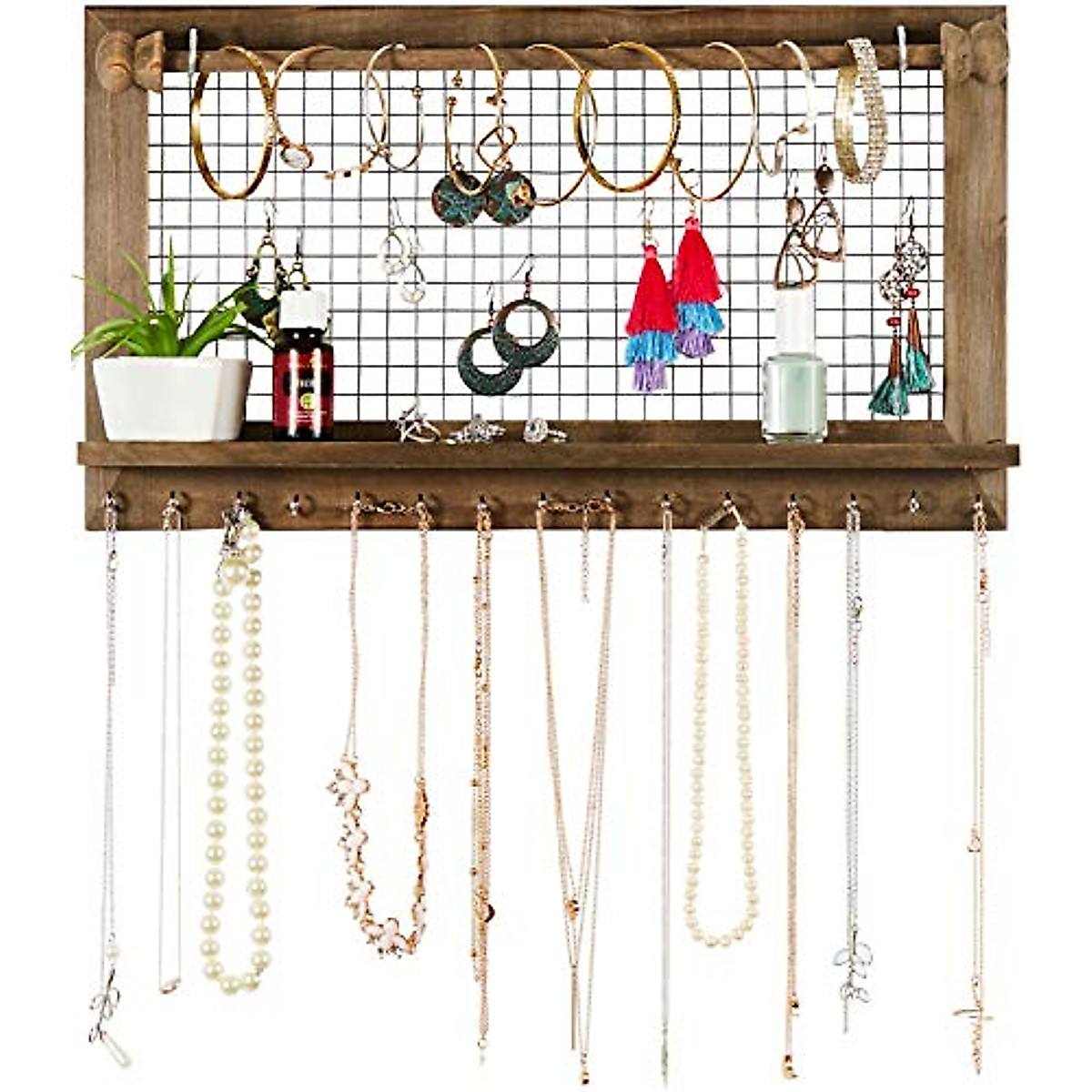 SoCal Buttercup Rustic Jewelry Organizer with Bracelet Rod Wall Mounted - Wooden Wall Mount Holder for Earrings, Necklaces, Bracelets, and Many Other Accessories