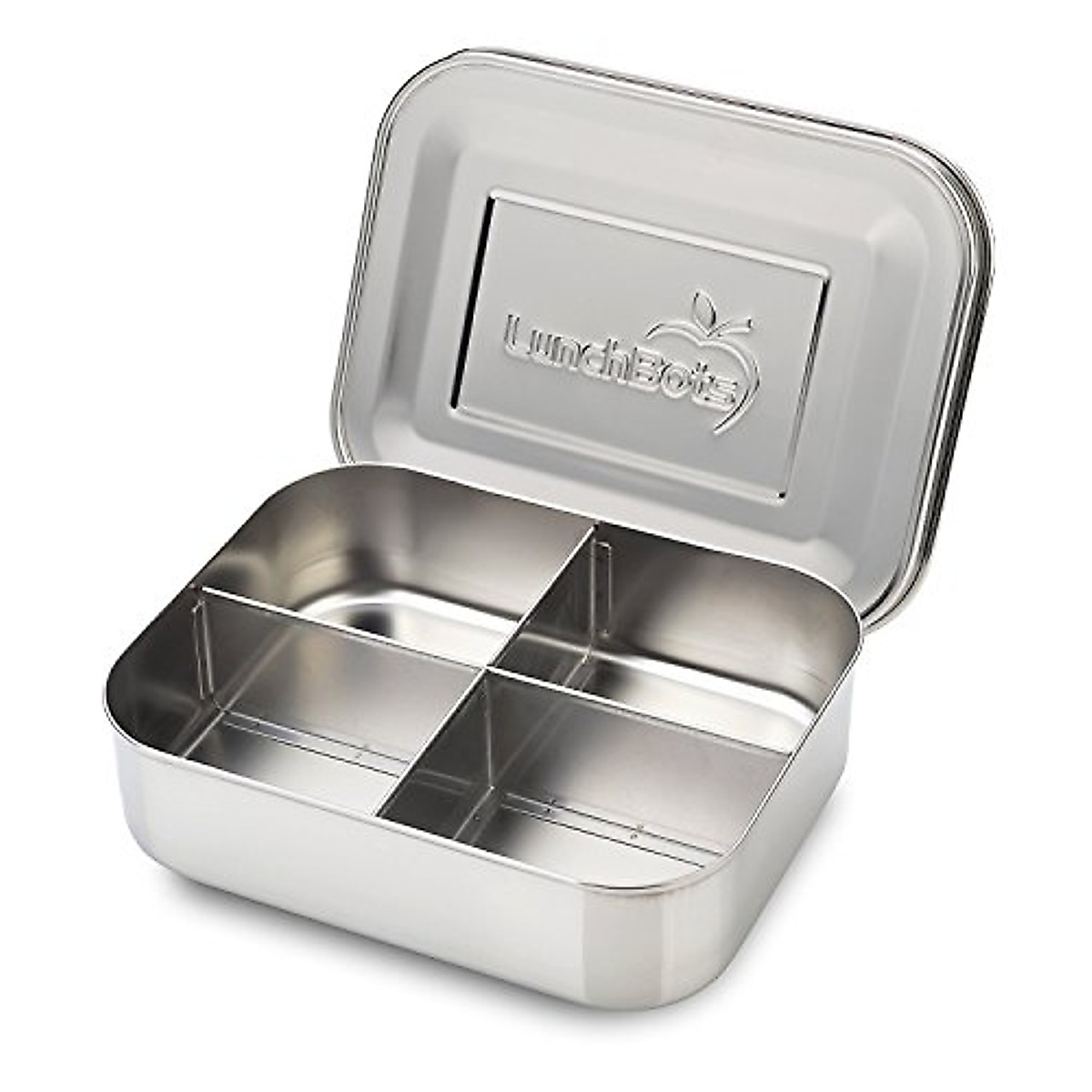 LunchBots Medium Quad Snack Container - Divided Stainless Steel Food Container - Four Sections for Finger Foods On the Go - Eco-Friendly, Dishwasher Safe - Stainless Lid - Stainless Steel