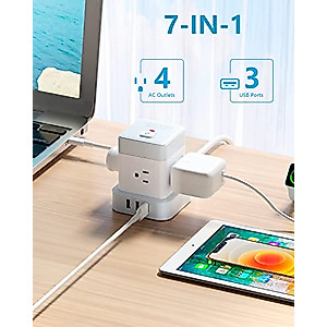Power Strip with USB Baykul Flat Plug Extension Cord Cube with 4 Outlets 3 USB Ports 5ft Power Cord Surge Protector Desktop Charging Station Overload Protection Compact Portable for Home Travel Office