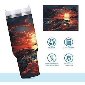 Slewiaeky Tumbler with Handle 40 oz Cool Tortoise Turtle Travel Mug with Lid and Straw Ocean Stainless Steel Vacuum Insulated Water Bottle Cup for Iced Tea Coffee Cold Beverages Cup Holder Friendly