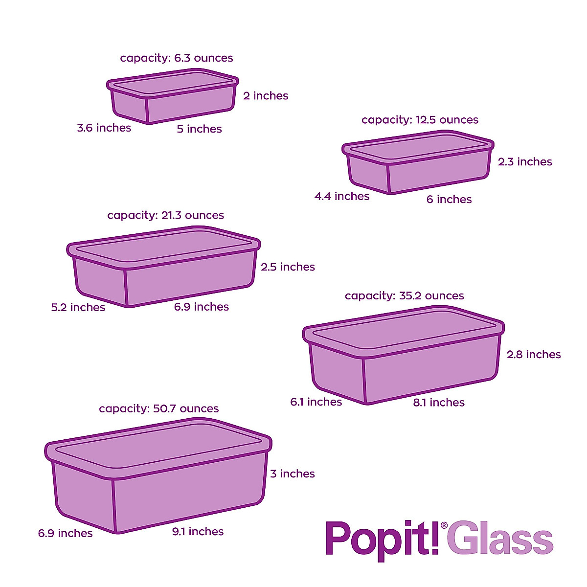5 Pack Rectangular Heat Resistant Borosilicate Glass Airtight Containers with Lock Down Lids By Popit