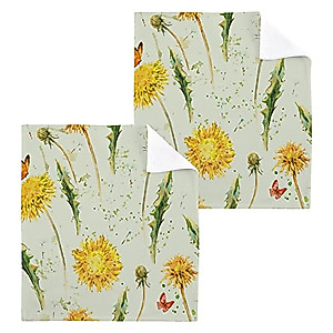 WELLDAY Yellow Dandelion Washcloths, 2 Pack 12 X 12 Inches Cotton Wash Cloths, Highly Absorbent and Soft Face Towels for Bathroom,Gym,Hotel and Spa