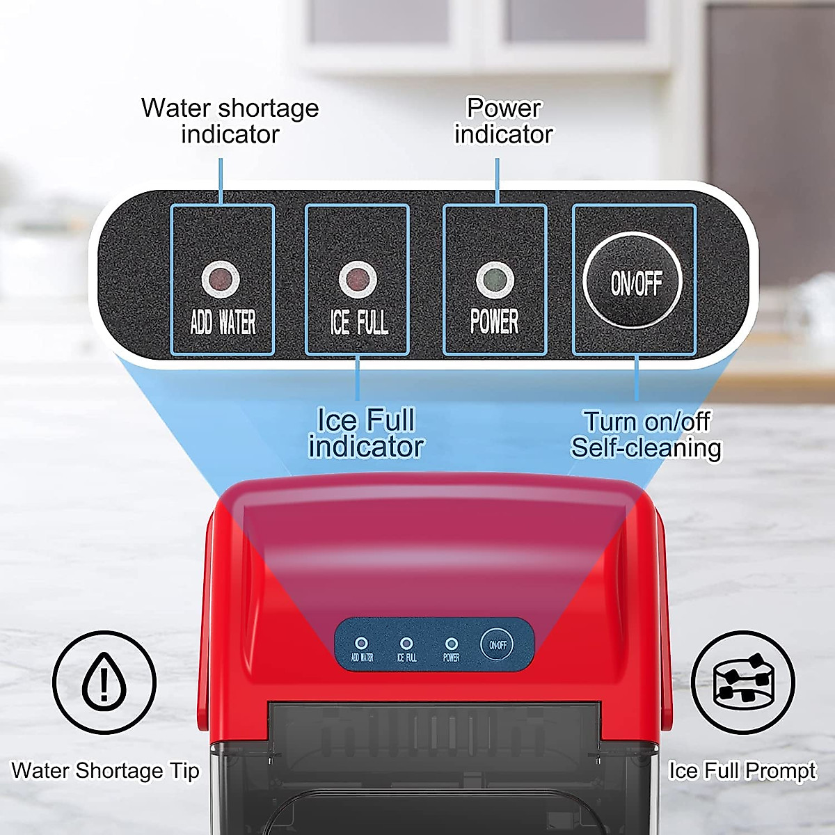 Joy Pebble Ice Maker Countertop with Handle, Self-Cleaning Portable Ice Machine with Basket and Scoop, 9 Cubes in 6 Mins, 26Lbs/24H Handheld Ice Maker for Home/Kitchen/Office/Party (Red)