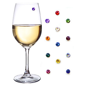 Crystal Magnetic Wine Glass Charms Set of 12 Glass Markers that Work on Stemless Glasses - Gift/Storage Box Included