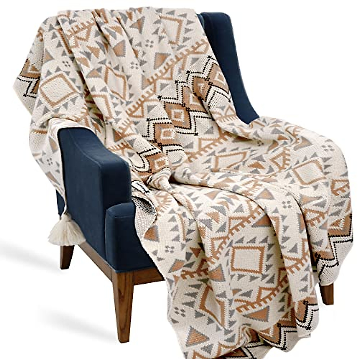 Knitted Throw Blanket for Couch with Tassels, Boho Style Throw for Home Decor, Small Cozy and Soft Blanket for Sofa or Outdoor, Navajo Farmhouse Blankets 50 x 60 Inches