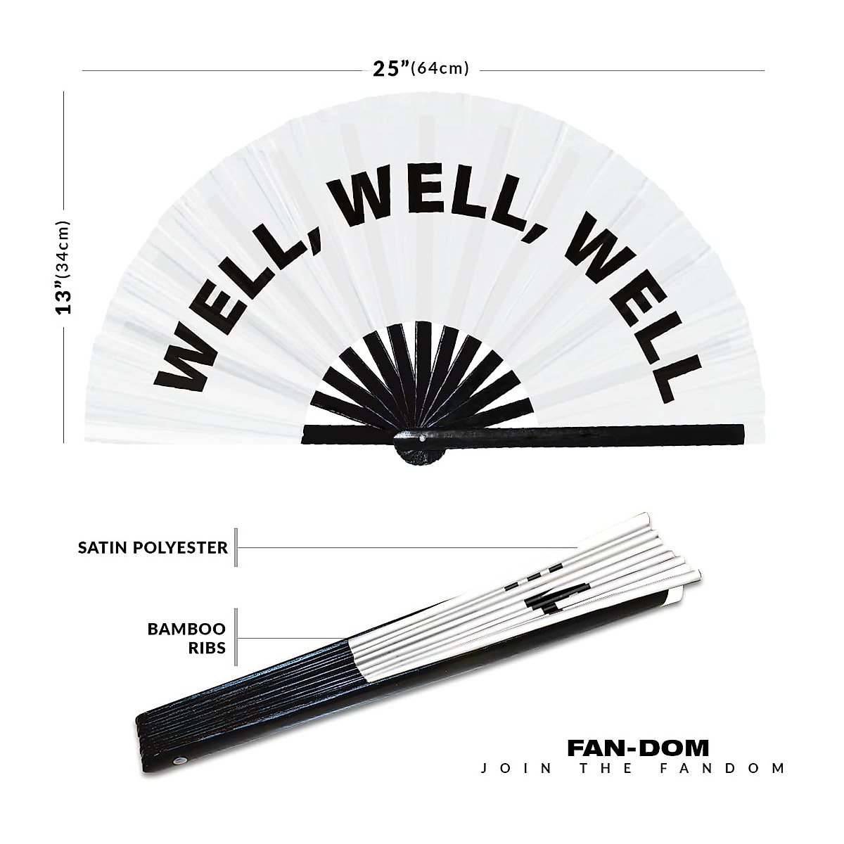 Well, well, well hand fan foldable bamboo circuit hand fan funny gag slang words expressions statement gifts Festival accessories Rave handheld Circuit event fan Clack fans (White)