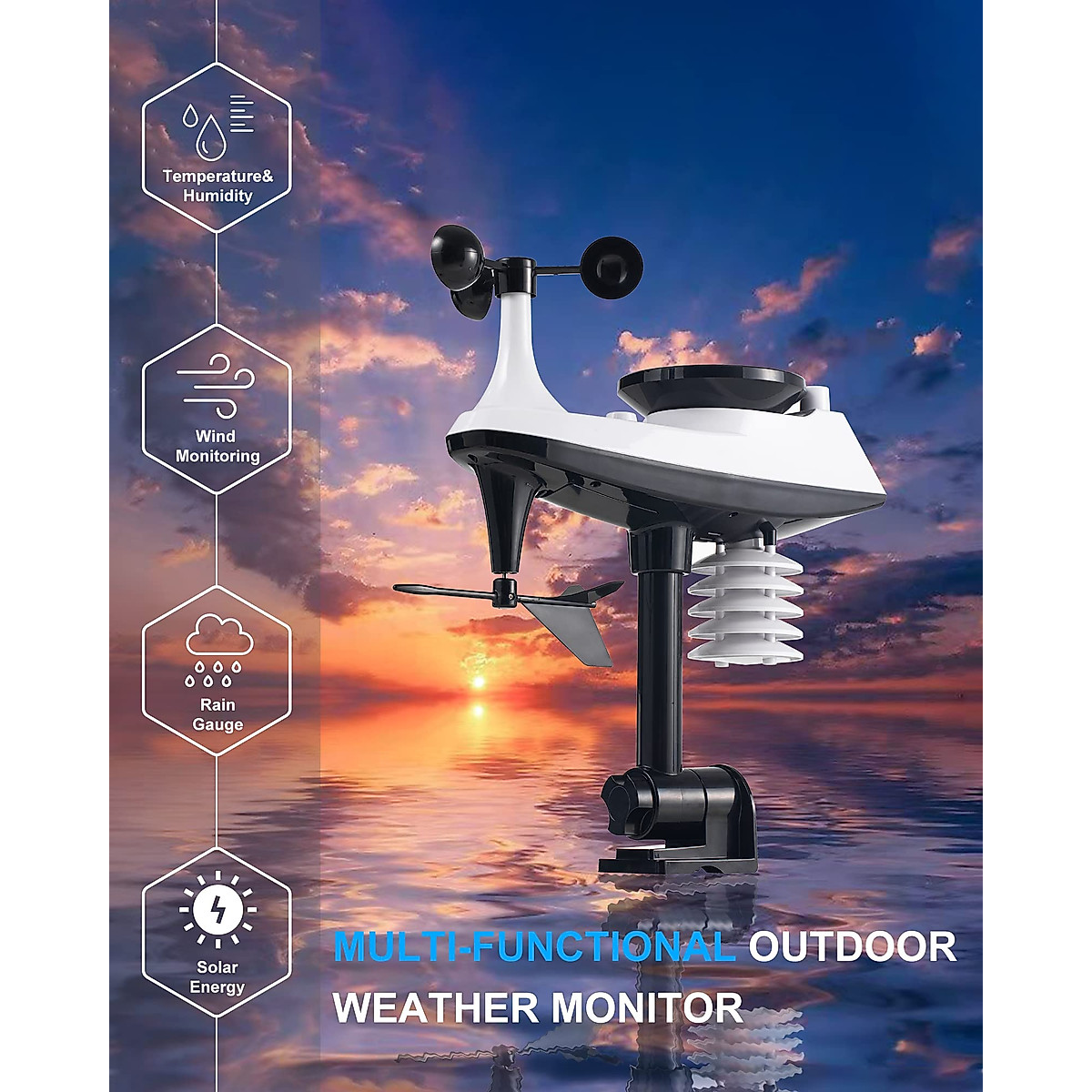 KALEVOL Professional Color Display Weather Station with Atomic Clock, Rain Gauge, Wind Speed and Direction