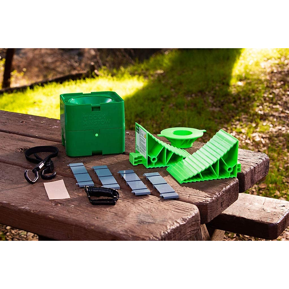 Dock N Stow Trailer Jack Stand, Stabilizer Leveling Block Store on Tongue Frame, Fits Most Jacks, Set Includes Wheel Chocks & Lock, RV Camper, Boat, Pop Up Travel Accessories, Secure w/Bungee, GEN 1B