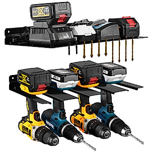NAGAWOOD Power Tool Organizer, Drill Holder, Drill Charging Station With Drill Bit Holder, Drill Storage Rack, Holds 4 Drills, Batteries, Tools for Garage, Home, Workshop, Shed - Discount for PD