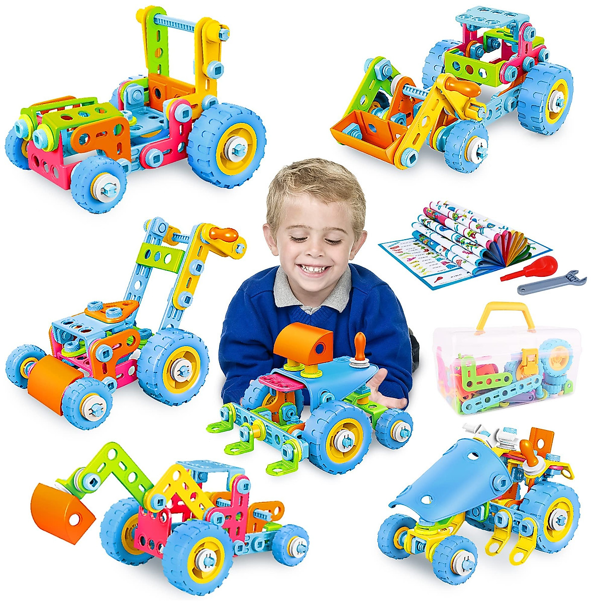 keefun Building Toys for Kids Ages 4-8, STEM Toys 6 in 1 Engineering Building Blocks Set, 118 Pieces Educational Construction Kit with Storage Box, Gifts for Kid Ages 4 5 6 7 8 Year Old Boys Girls