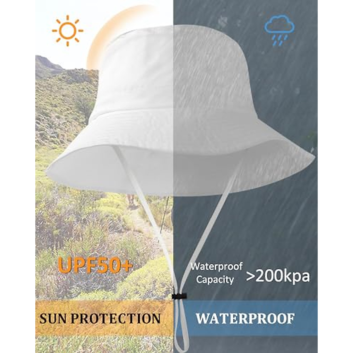 Waterproof Sun UPF 50+ Bucket Hat UV Protection Packable Brimmed Boonie for Women Men Summer Lightweight Hiking Outdoor Cap White