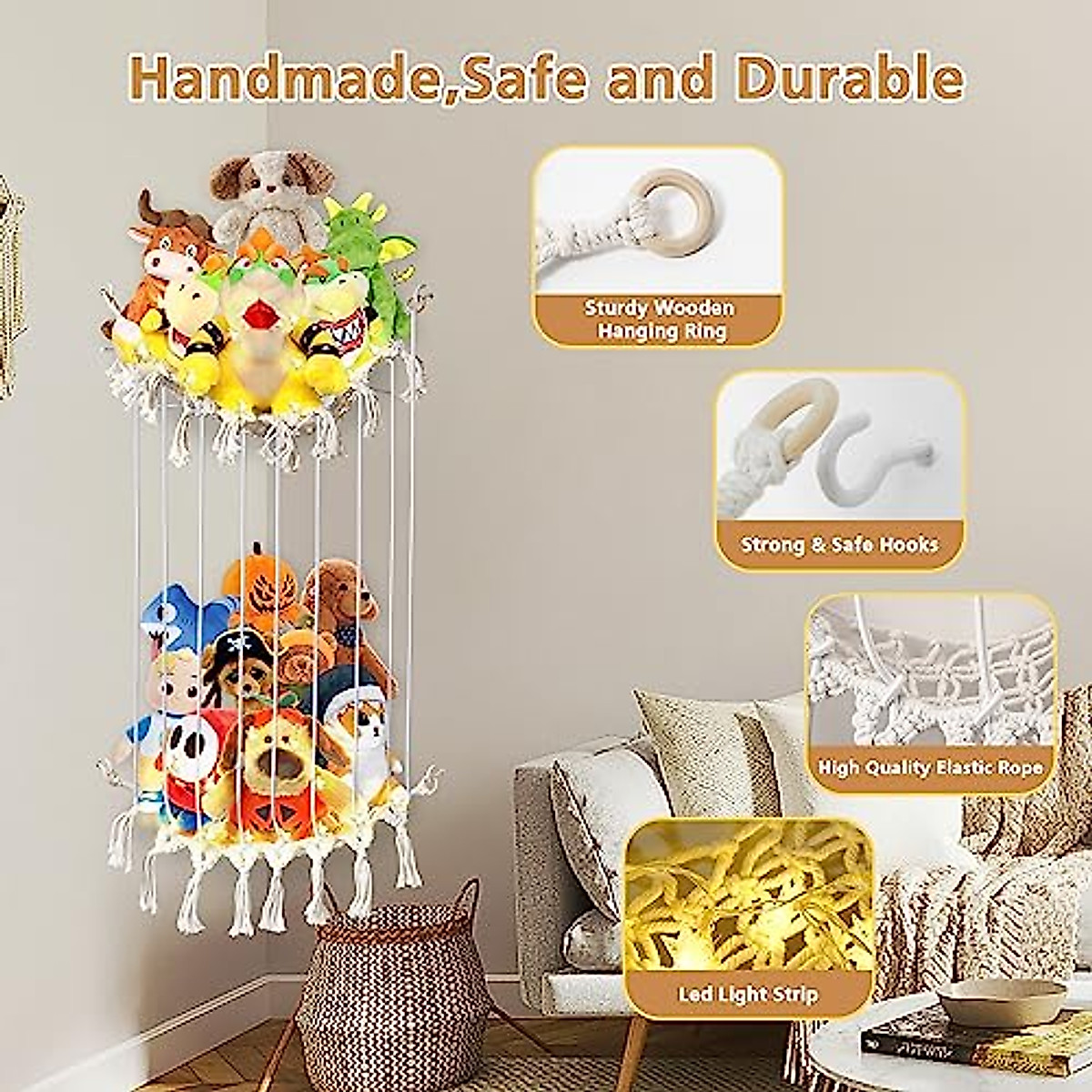 Timart Stuffed Animal Net or Hammock, Length Adjustable Stuffed Animal Storage, Corner Plush Toys Holder with Lights, Boho Mesh Decoration Hanging Toy Organizer for Kids Bedroom