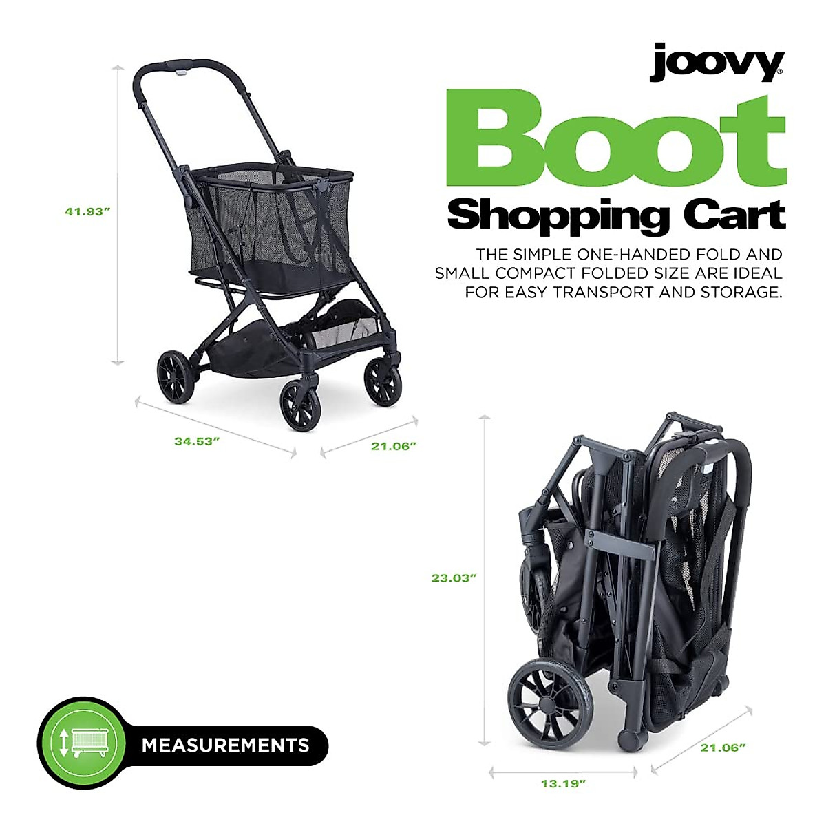 Joovy Boot Shopping Cart Featuring 70 lbs Total Weight Capacity, Stylish Removable Tote, Swivel Tires for Easy Steering, One-Handed Compact Fold, and One-Step Parking Brake (Black Frame)