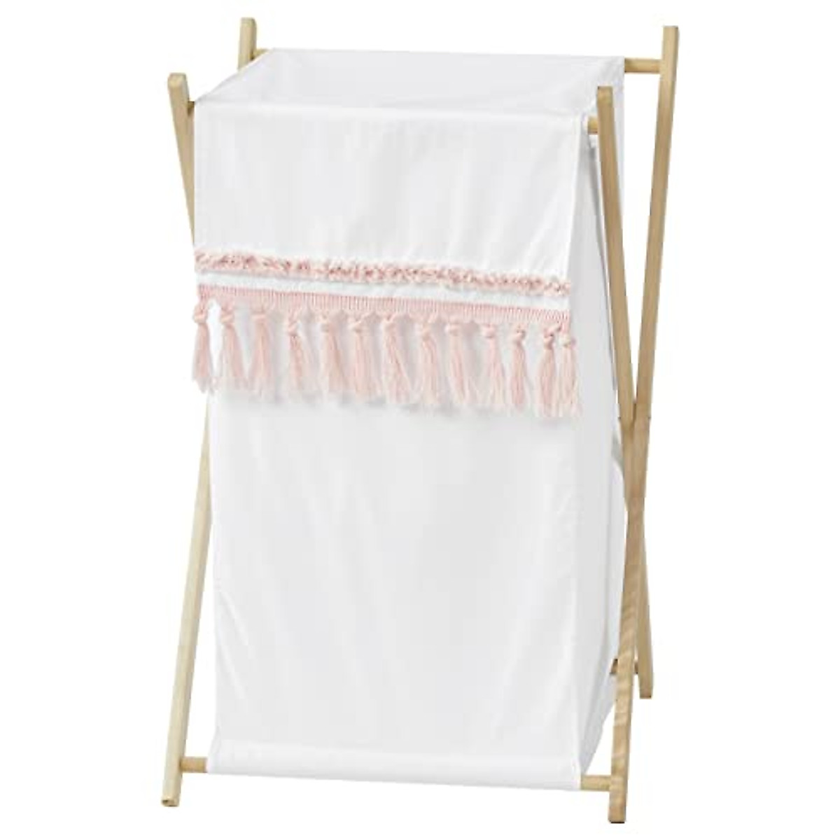 Sweet Jojo Designs Boho Bohemian Baby Kid Clothes Laundry Hamper - Blush Pink and White Farmhouse Shabby Chic Designer Modern Minimalist Tassel Fringe Macrame Cotton