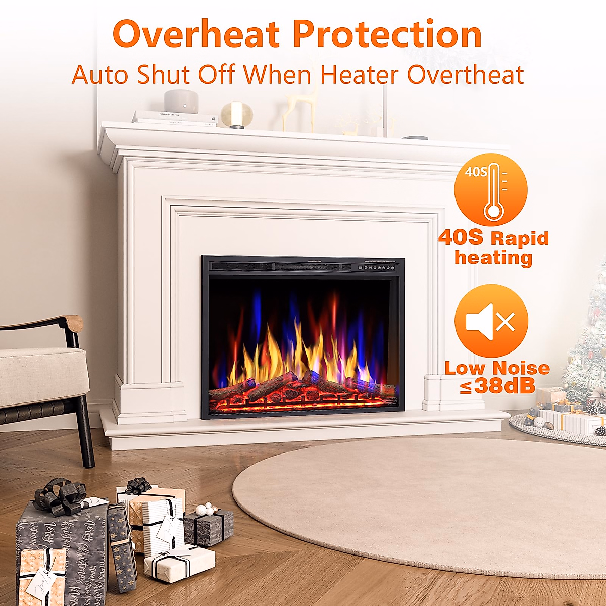 Joy Pebble 34 Inch Electric Fireplace Insert,750W/1500W Recessed Electric Fireplace Heater,Adjustable 5 Flame Color & 5 Burning logs Color,Electric Fireplace with Remote Control&Overheat Protection