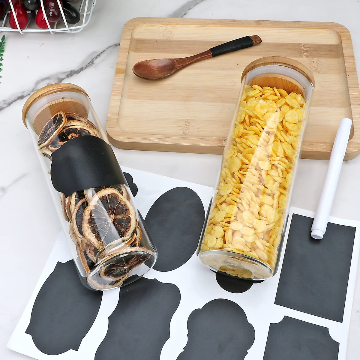 Flrolove Glass Jars With Bamboo Lids, 16 oz Food Storage Containers for Home Kitchen ,Set of 12 Jars for Kitchen Storage,Coffee,Tea, Herbs, Sugar, Salt, Flour