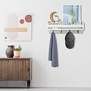 Halcent Wall Mounted Coat Rack Floating Wall Shelf, Wood Coat Hook Rack Entryway Organizer with 4 Key Holder Hooks for Magazine Letter Mail Holder