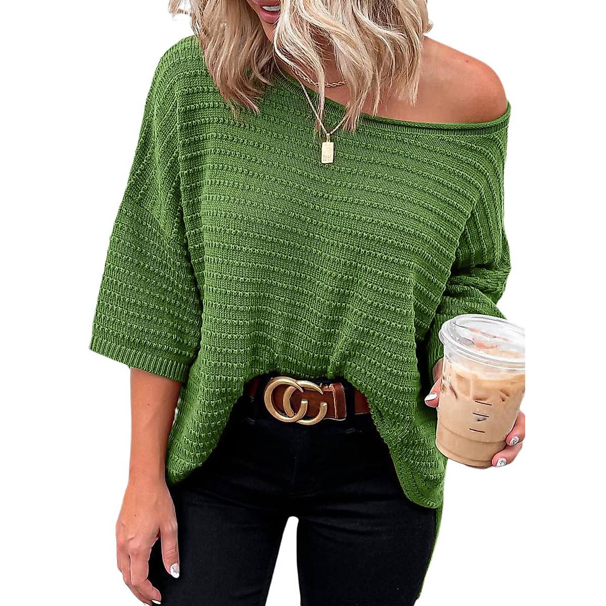 Dokotoo Womens Fashion Juniors Fall Summer Shirts and Blouses for Women 2024 Pullover Sweaters T-Shirts Off Shoulder 3/4 Sleeve Tunic Tops Loose Tee Shirts Light Green Medium