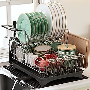 Qienrrae Dish Drying Rack, 2 Tier Large Rack and Drainboard Set with Swivel Spout, Stainless Steel Drainer for Kitchen Counter Wine Glass Holder, Utensil Mat