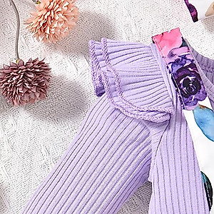 Unutiylo Baby Girl Clothes Newborn Suspender Outfit Purple Floral Romper Long Sleeve Dress Ruffle Jumpsuit with Headband Hat
