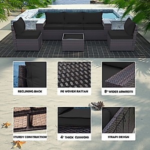 Gotland 7 Piece Outdoor Patio Furniture Sets All-Weather Outdoor Sectional Furniture PE Wicker Patio Sofa Backyard Deck Couch Conversation Chair Set with Coffee Table & 6 Thickened Cushions (Brown)