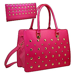 Fashion Women's Satchel Handbag Purse Rhinestone Accent With Matching Wallet - Fuchsia