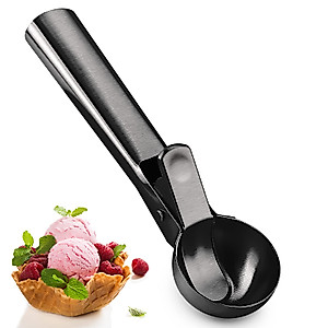 D Ice Cream Scoop, Stainless Steel Ice Cream Scooper with Trigger Release, Metal Cookie Scoops, Iceream Scoop Spoon for Meatball Frozen Yogurt Gelatos and Sundaes, Dishwasher Safe (Black)