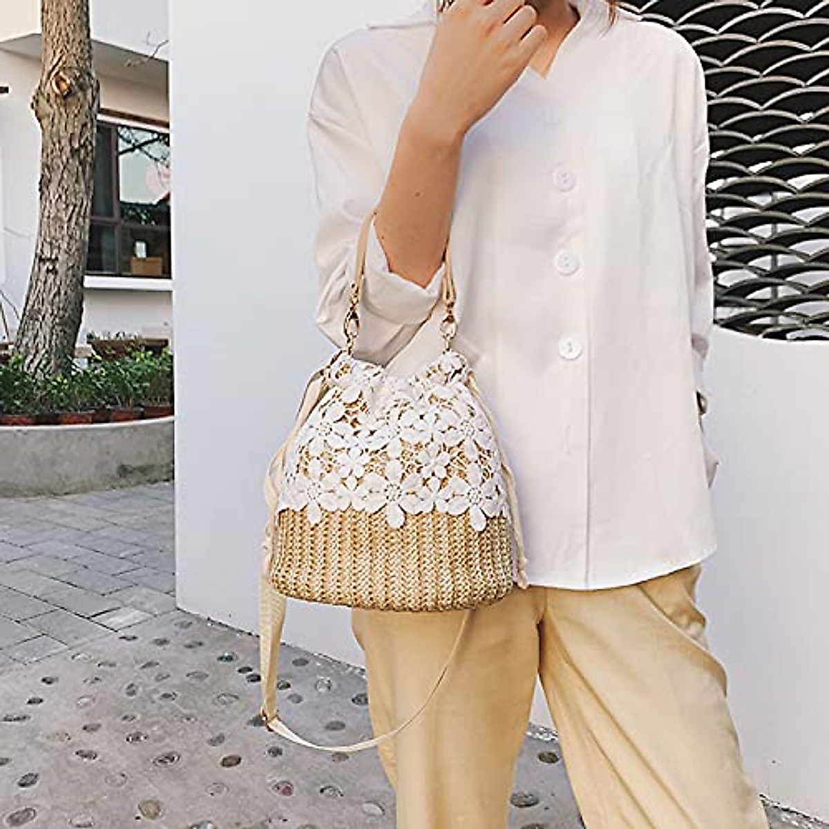 Rong Shop Women Cross Body Bohemian Straw Bag Straw Drawstring Bucket Straw Bag Flower Lace Decor Handwoven Rattan Bag, Flower
