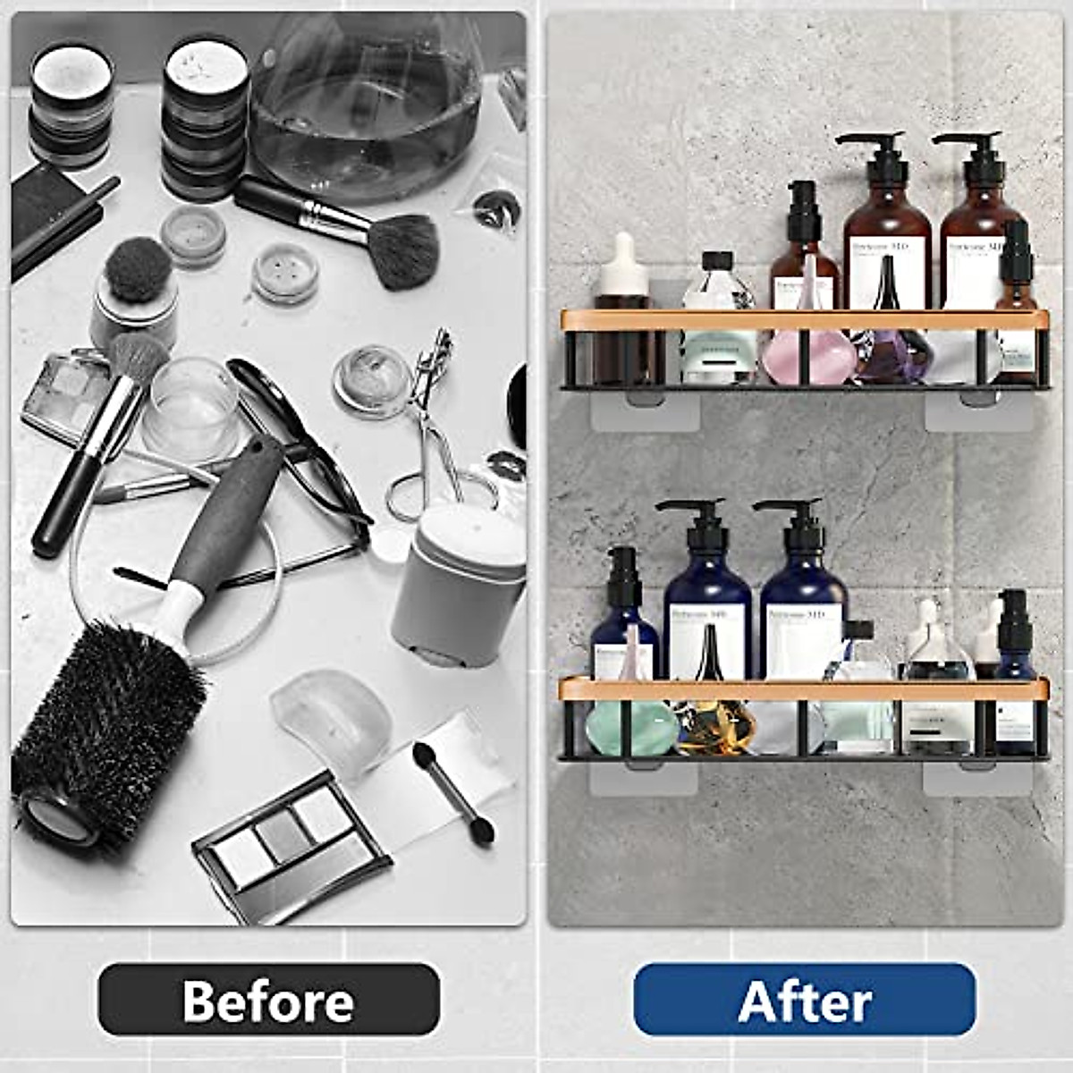 YHANEC 2 Pack Shower Caddy No Drilling Traceless Adhesive Shower Shelves Rustproof Space Aluminium Bathroom Shower Organizer with Hooks for Bathroom, Restroom, Kitchen