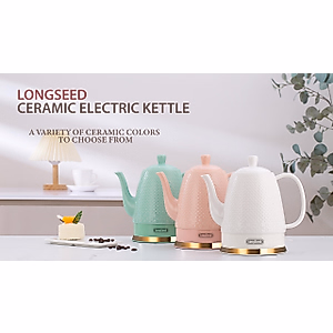 LONGSEED Ceramic Electric Kettle with Fine Mesh Infuser, 1.2L/1000W Boil Water Quickly and Easily with Boil-Dry Protection Auto Shut Off, Detachable Swivel Base, Glazed Relief Carving