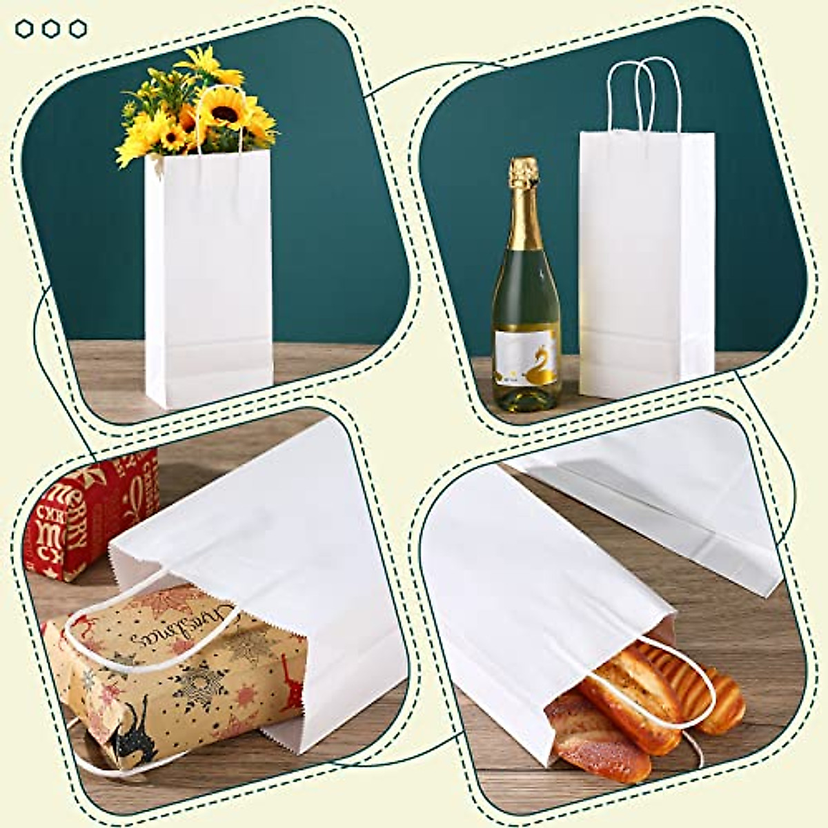 Yexiya Paper Wine Bags with Handle Tote Wine Gift Bags White Kraft Bags for Wine Bottles Gifts Wedding Birthday Housewarming Christmas Party, 6 x 3 x 13 Inch (100 Pcs)