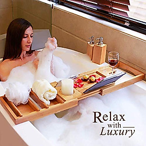 Domax Bathtub Caddy Tray Expandable Bamboo Tub Tray for Luxury Bath with Book Holder and Free Soap Dish Yellow
