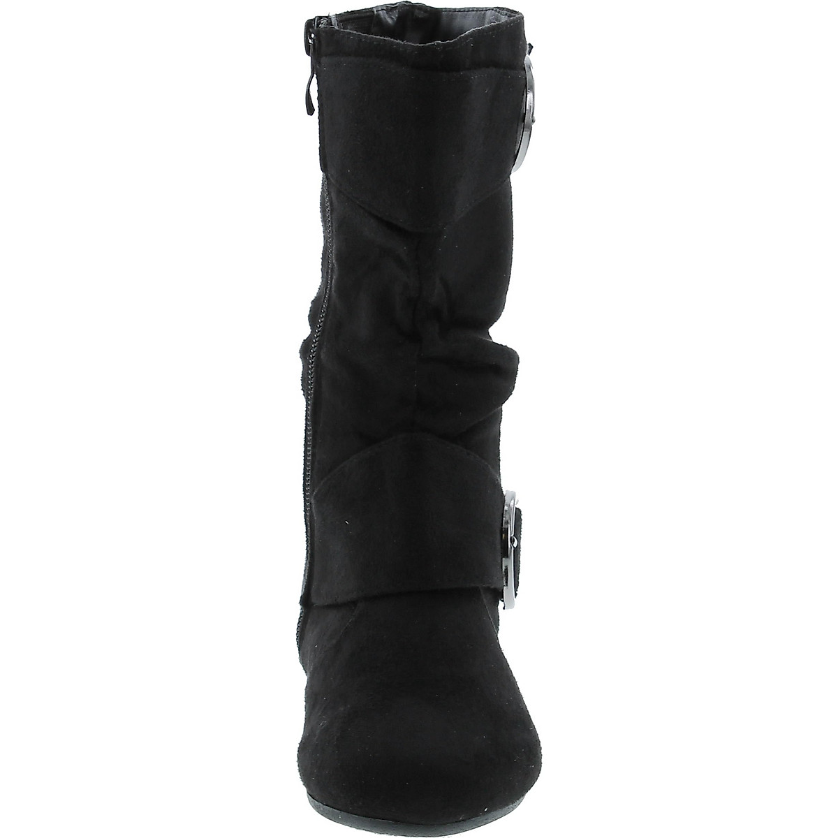 Link Klein-70K Girl's Kid's Faux Suede Two Buckle Zipper Flat Heel Mid Calf Slouchy Boot Shoes,Black,9