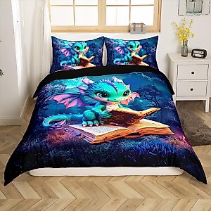Cartoon Dragon Duvet Cover Set Twin Size Magic Jungle Night Bedding Set 2pcs for Kids Teens Room Decor Cute Dragon Books Comforter Cover Starry Moon Sky Quilt Cover,1 Pillowcase(No Comforter)