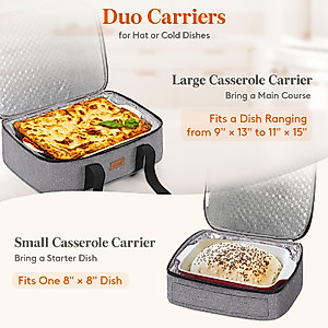 Lifewit Duo Insulated Casserole Carrier for Hot or Cold Food, Lasagna Holder 2 Compartments, Thermal Lunch Tote for Potluck Parties Cookouts, Fits 9"x13" Casserole Dish, Gray