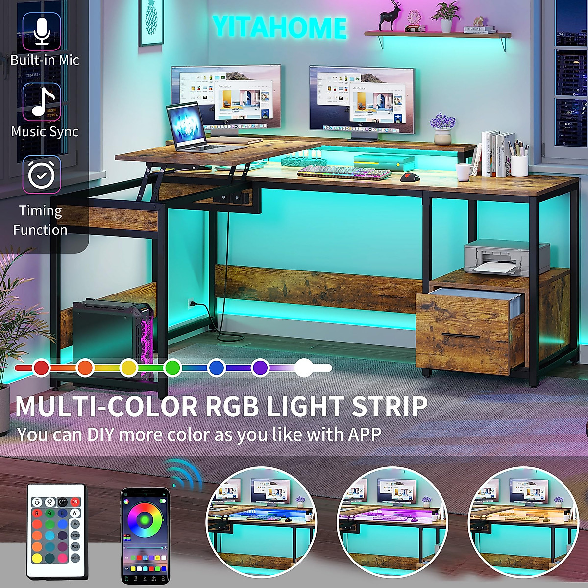YITAHOME L Shaped Desk with Power Outlets & LED Lights, 65" Corner Computer Desk with File Drawer & Lift Top, Home Office Desk Height Adjustable Desk with Monitor Stand, Rustic Brown